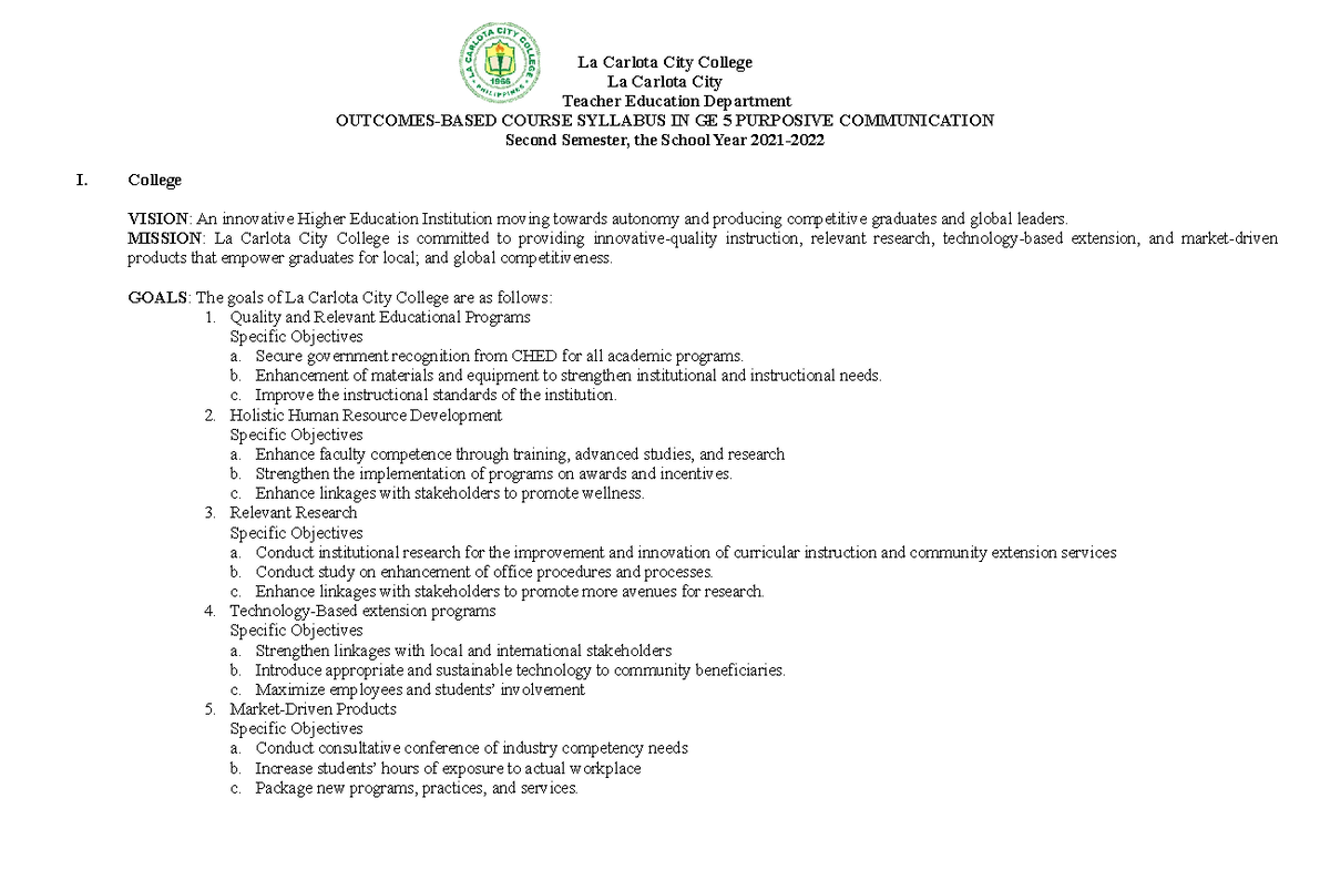 Obe Syllabus in GE 5 Purposive Communication - Secondary Education - Studocu