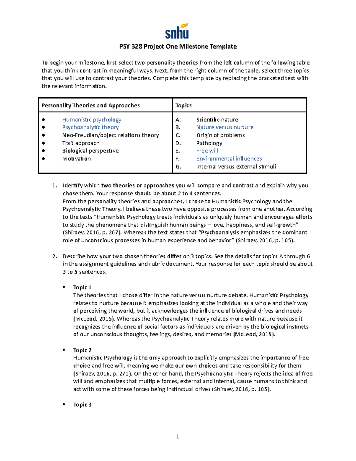 PSY 328 Project One Milestone Template - Next, from the right column of ...