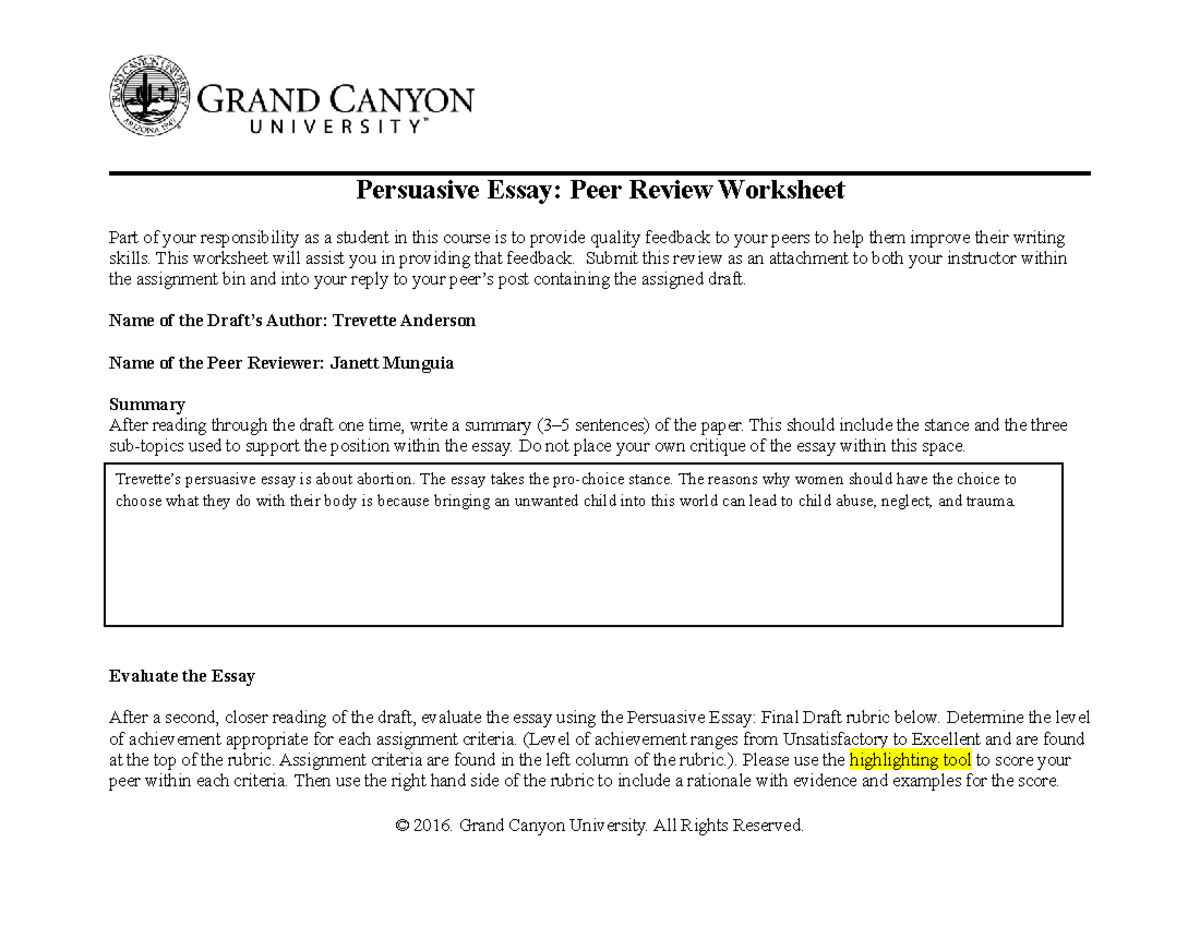 Persuasive Student Essay Review - Persuasive Essay: Peer Review ...