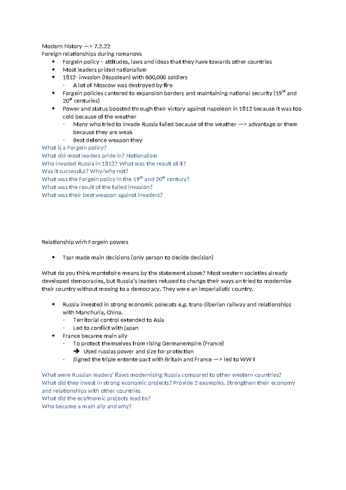 History class notes - Modern history —> 7. Foreign relationships during ...