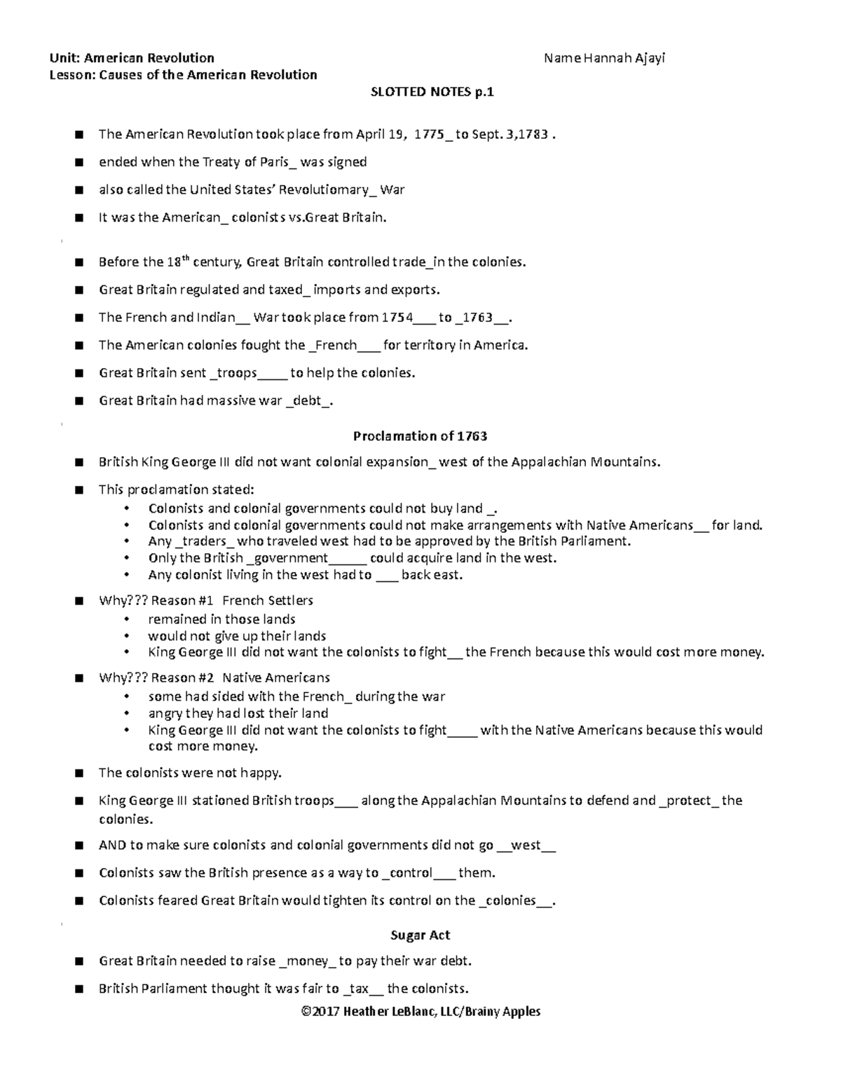 C.A.R worksheet - Unit: American Revolution Name Hannah Ajayi Lesson ...