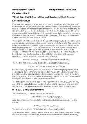 Lab report 8. Properties of Systems in Chemical Equilibrium - Date ...
