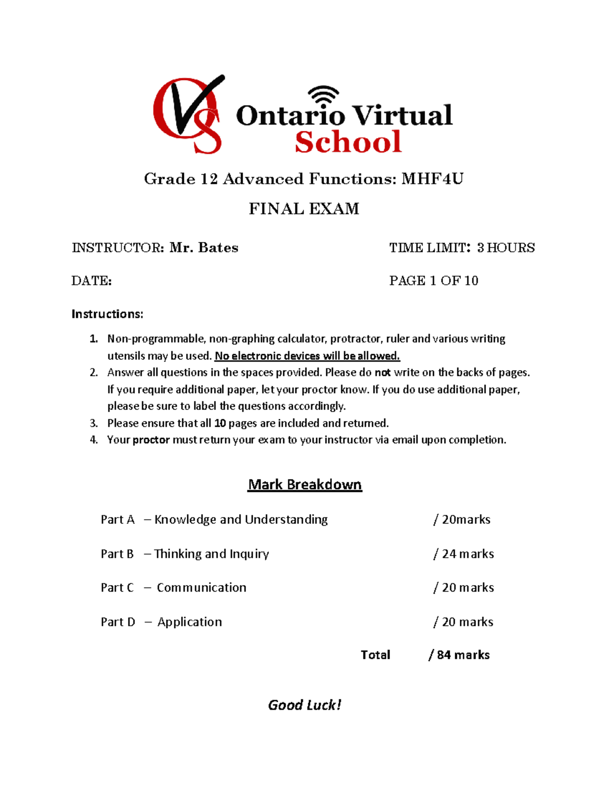 Final exam advanced functions - Grade 12 Advanced Functions: MHF4U ...