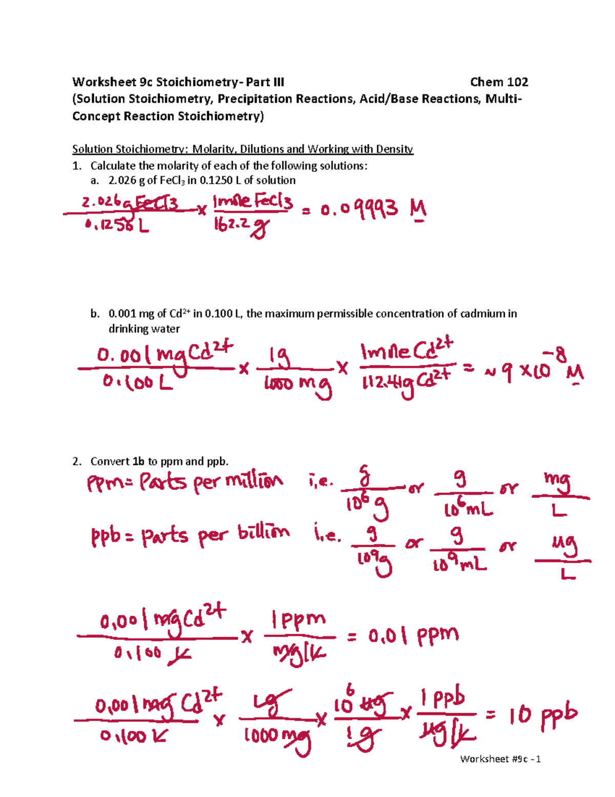 Worksheet 9c Stoichiometry - Part III Key-1 - Worksheet 9c ...