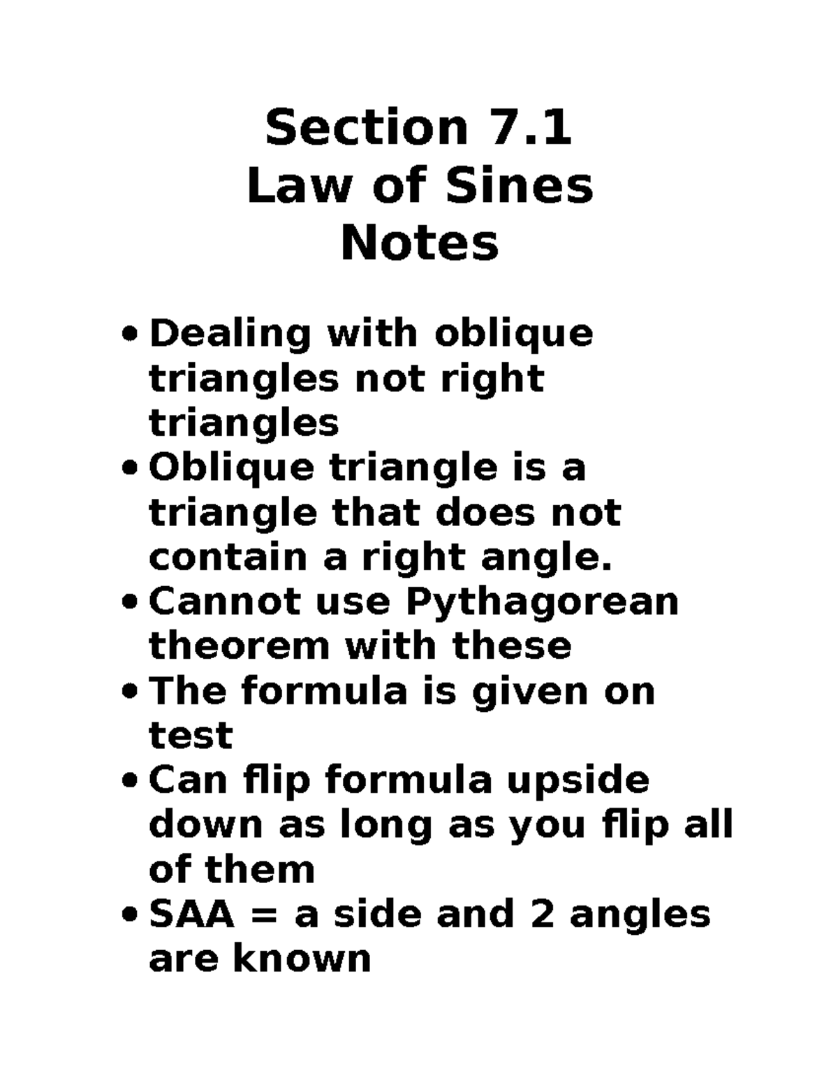 Notes - Section 7. Law of Sines Notes Dealing with oblique triangles ...