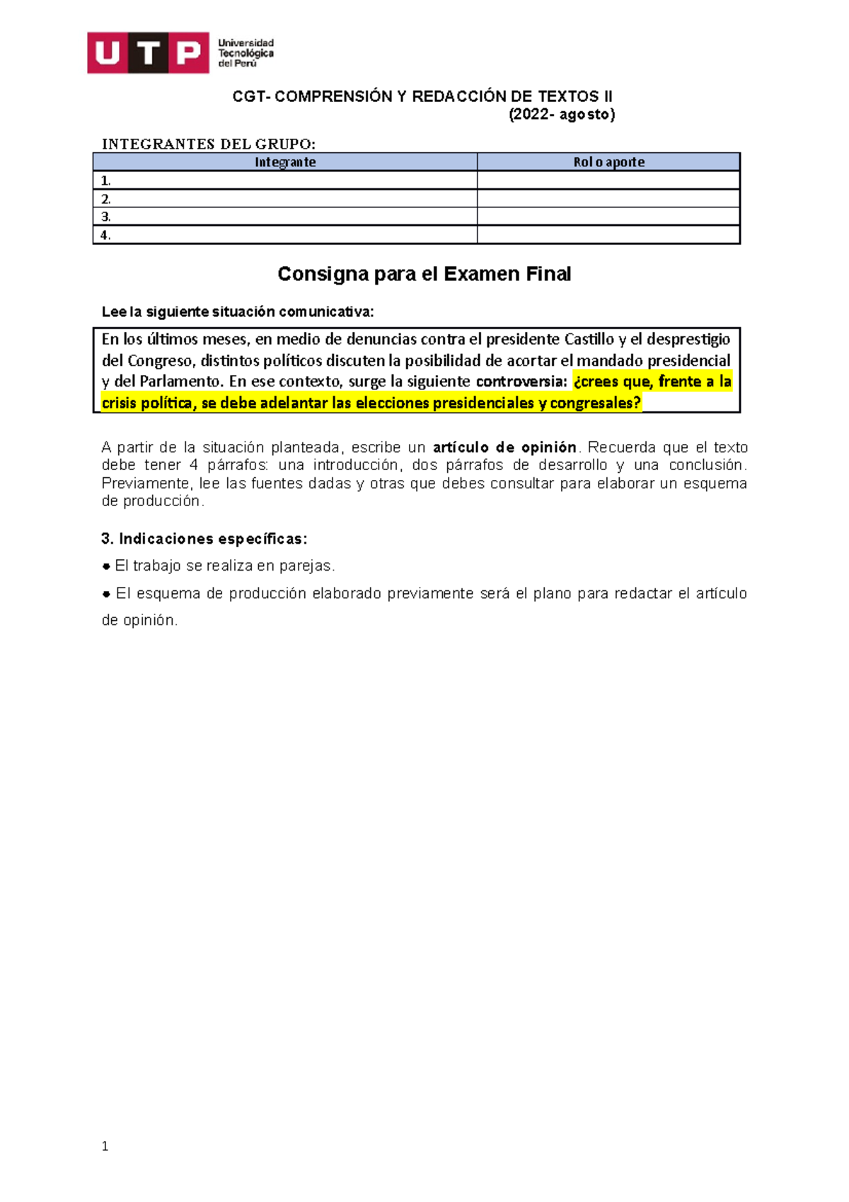 CGT CRT2 Formato Esquema del Examen Final - CGT- COMPRENSIÓN Y REDACCIÓN DE TEXTOS II (2022 ...
