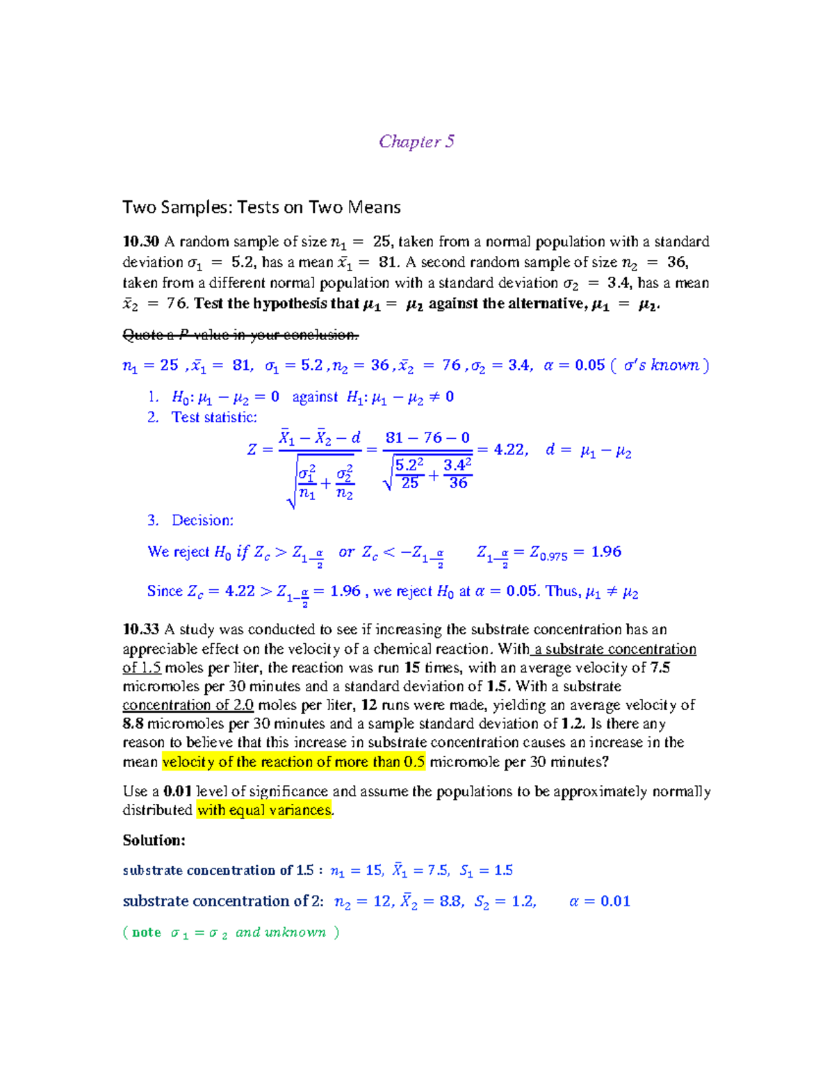 Excercises on hypothesis testing - Chapter 5 Two Samples: Tests on Two ...