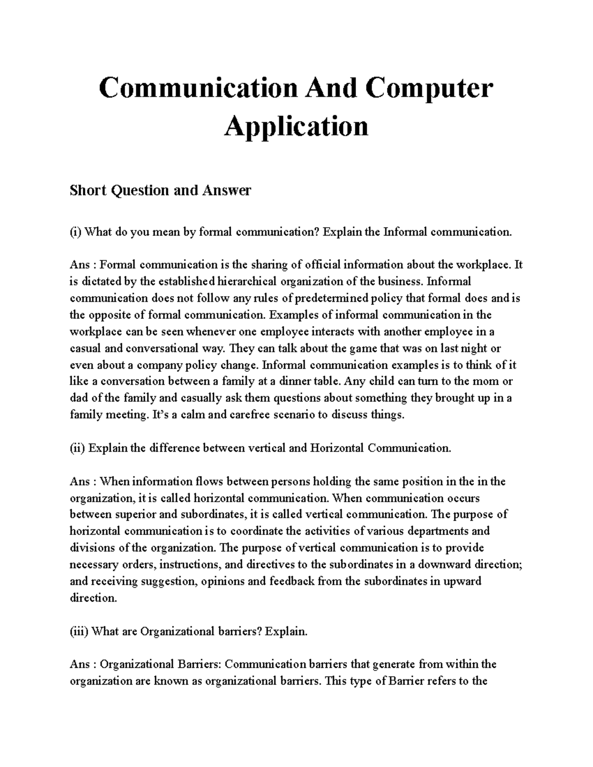 Communication And Computer Application Communication And Computer Application Short Question