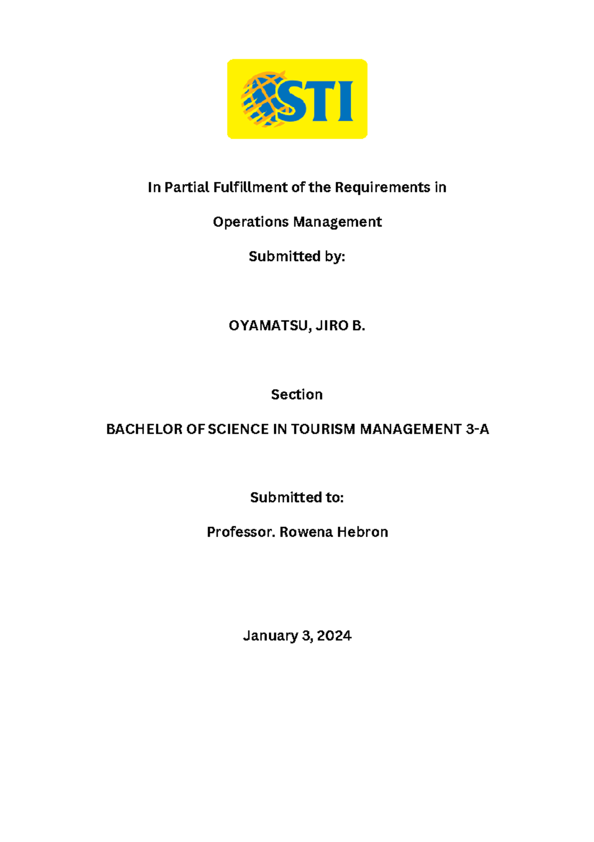 Operations Management - TP ( Oyamatsu) [BSTM-3A] - Bachelor of Science ...