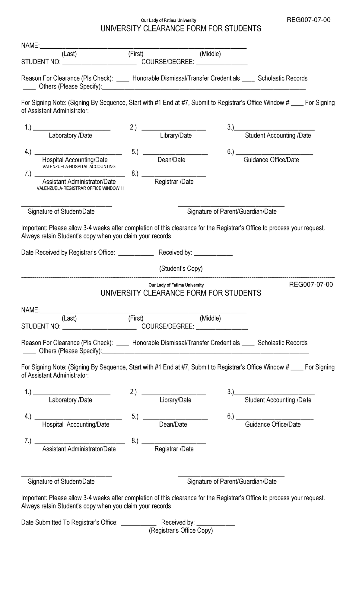 EXIT Clearance - fWEFrfWEF - Our Lady of Fatima University REG007-07 ...
