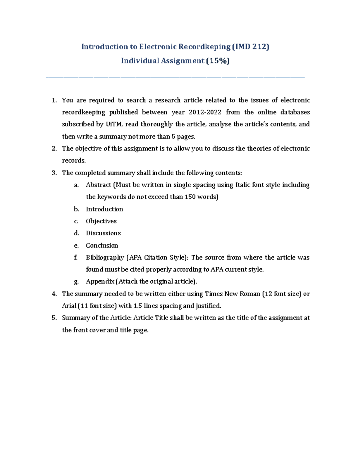 IMD212-Assignments March 2022 - Introduction to Electronic Recordkeping ...
