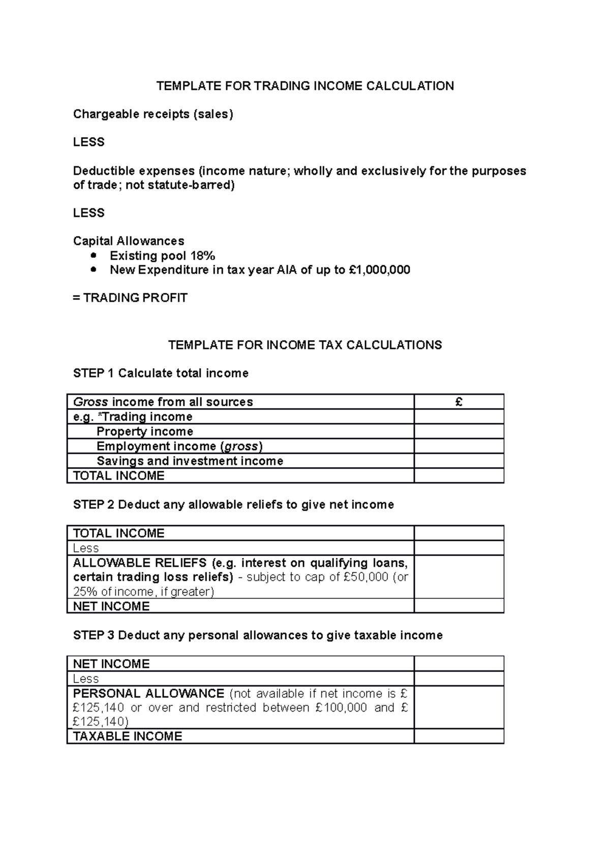 TAX Notes AND Tasks - capital gains and income tax - TEMPLATE FOR ...