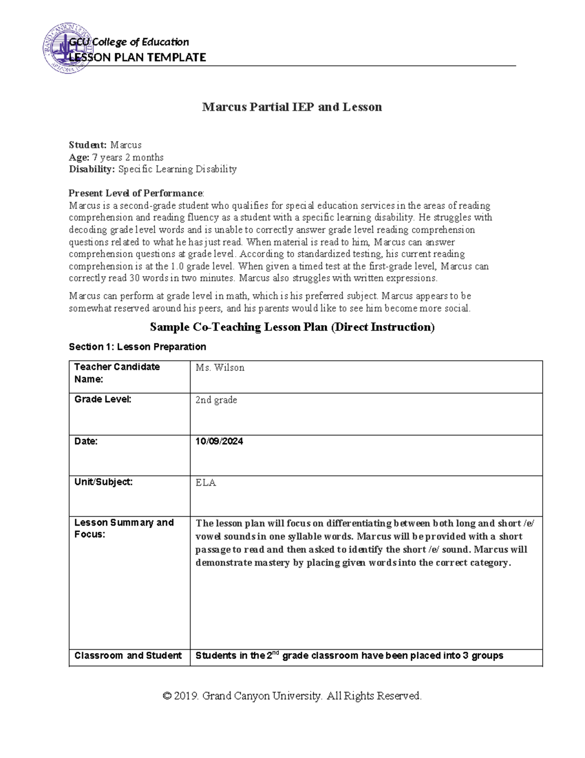 Marcus Lesson Plan - LESSON PLAN TEMPLATE Marcus Partial IEP and Lesson ...