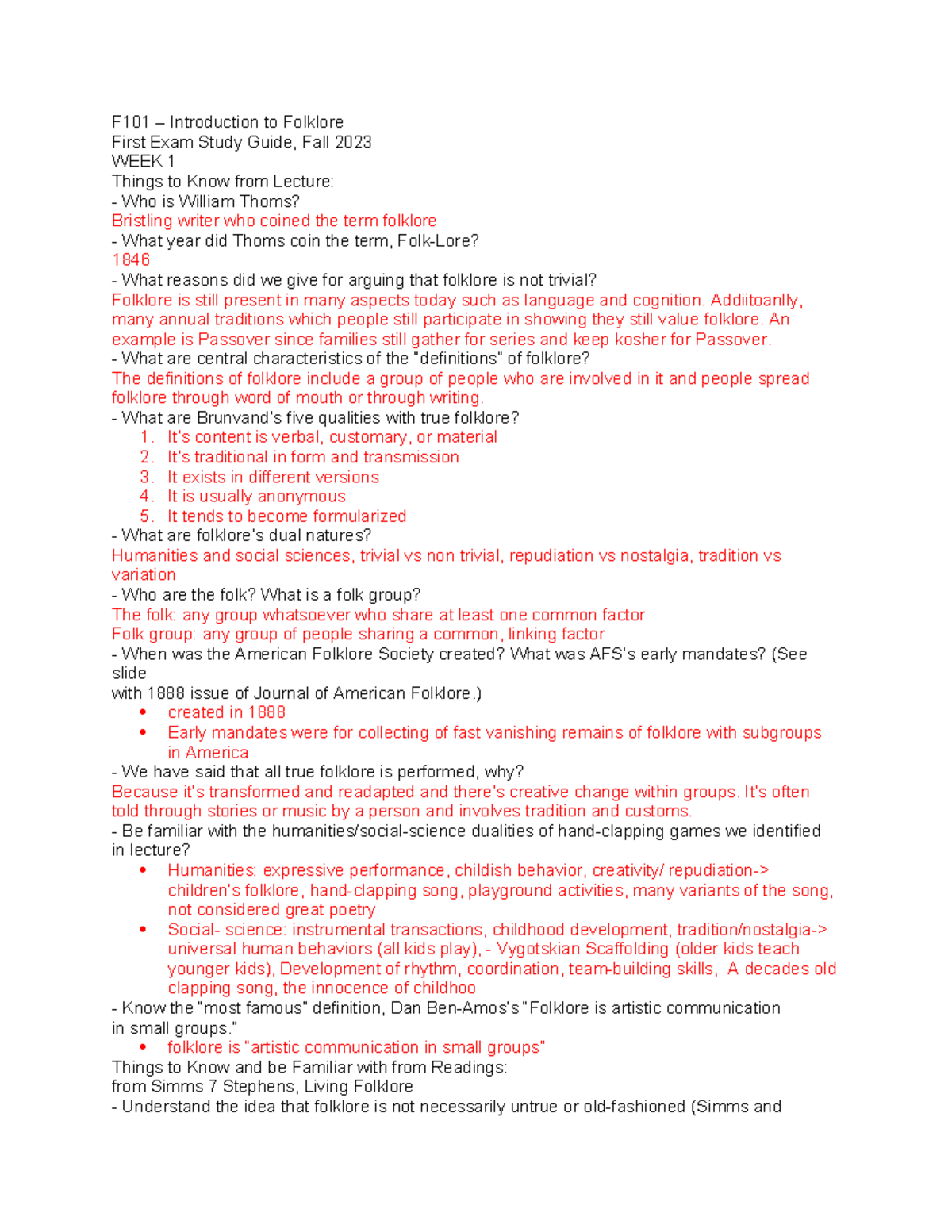 Folklore Exam 1 Study Guide - F101 – Introduction to Folklore First ...