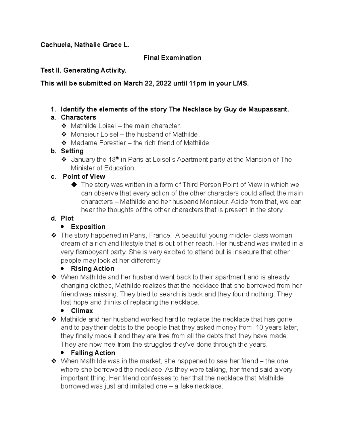 The Necklace (Elements of the Story) - Cachuela, Nathalie Grace L ...