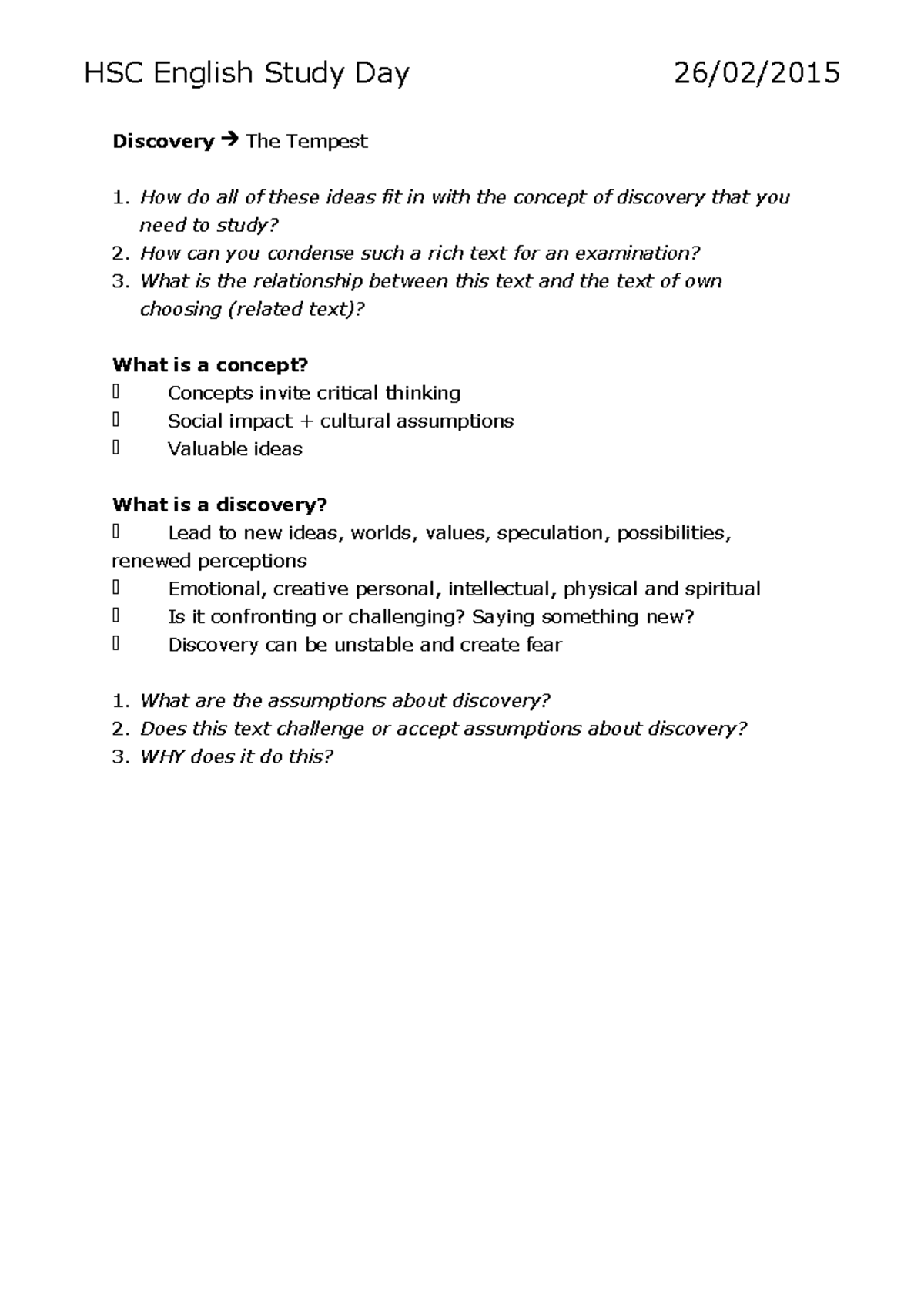 Advanced English Notes The Tempest HSC English Study Day HSC