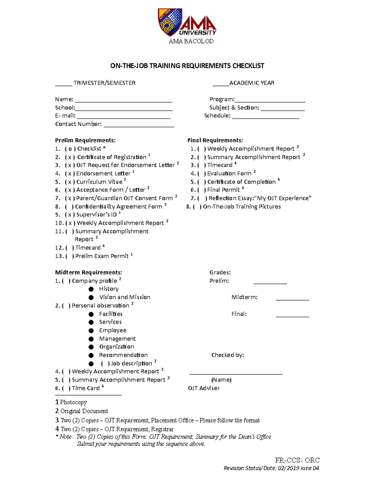 001 - OJT Requirement Checklist - AMA BACOLOD ON-THE-JOB TRAINING ...