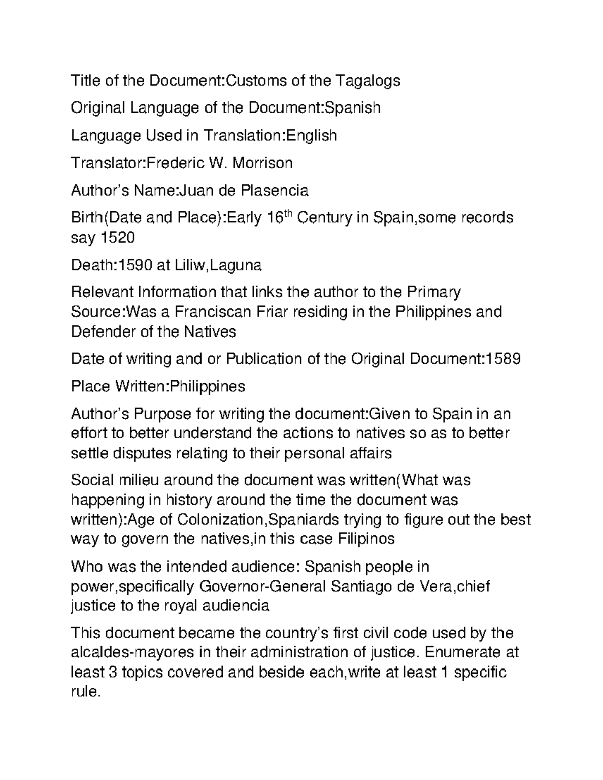 Customs of the Tagalogs - Title of the Document:Customs of the Tagalogs ...