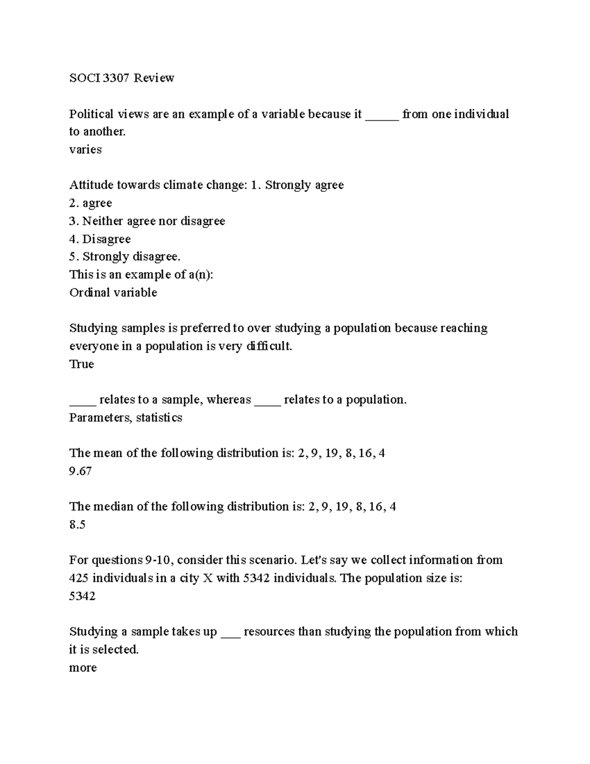 SOCI 3307 Review - SOCI 3307 Review Political views are an example of a ...