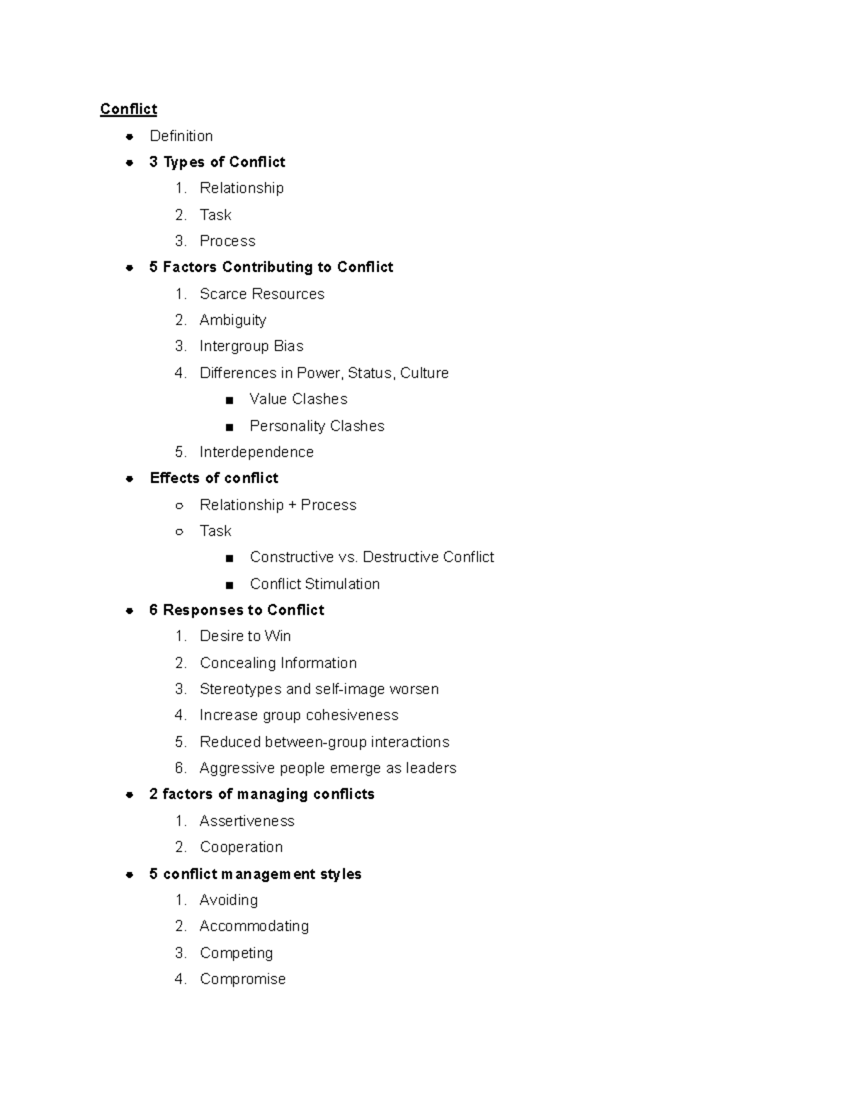 BU288 Final Exam Checklist - Conflict Definition 3 Types of Conflict 1 ...