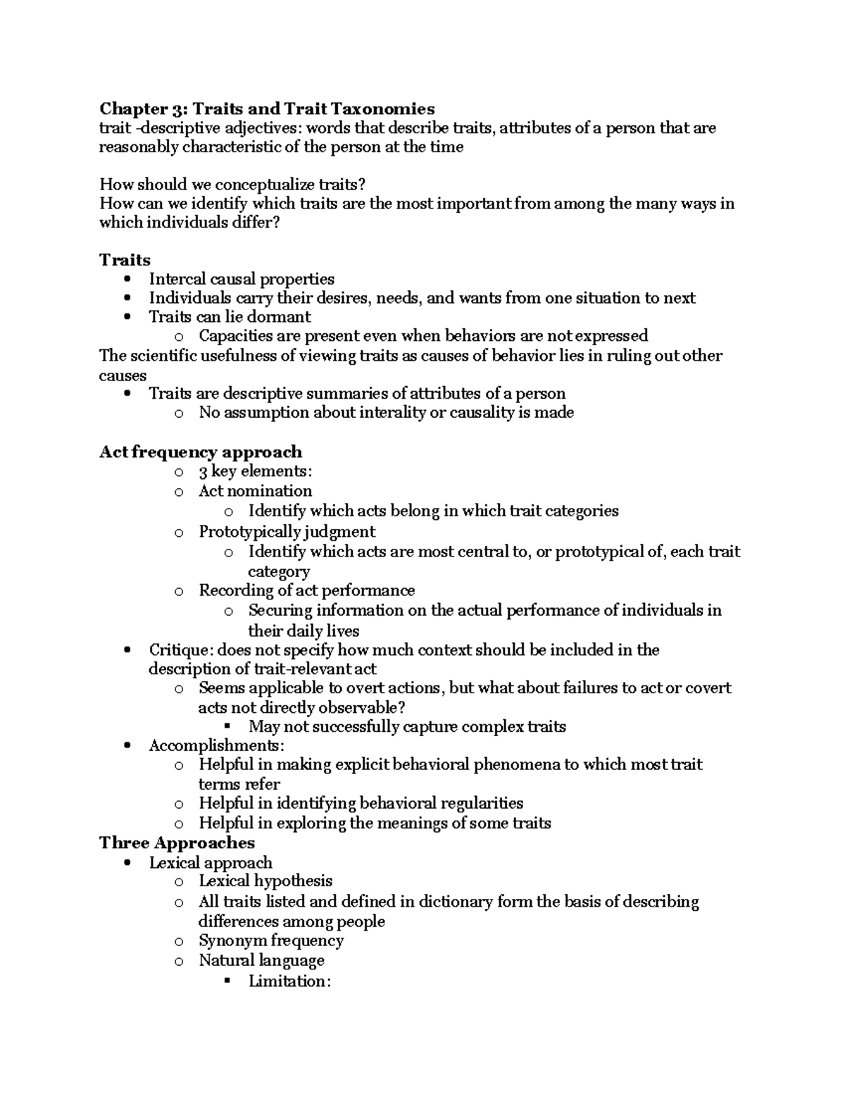 Theories of Personality Notes - Chapter 3: Traits and Trait Taxonomies ...