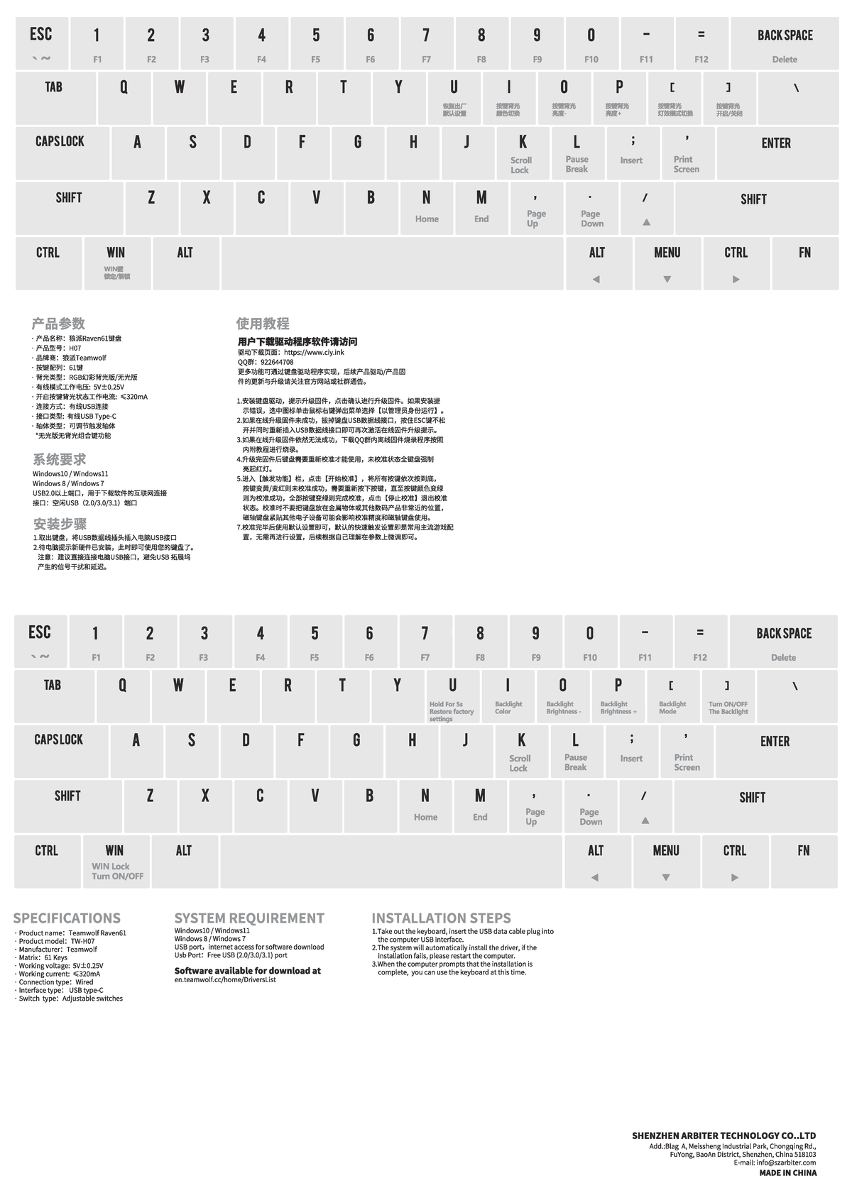 狼派Raven 61（H07）键盘说明书（电子版） - BACK SPACE F1 F2 F3 F4 F5 F6 F7 F8 F9 F10 ...