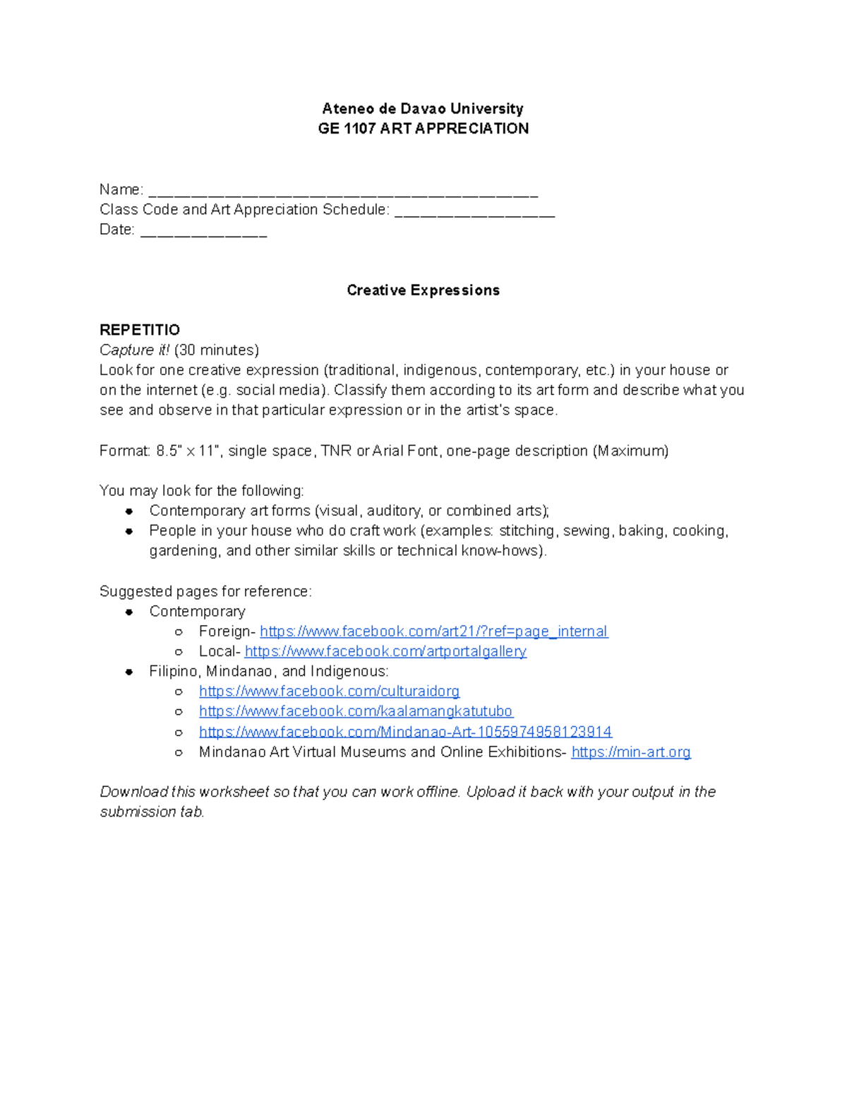 Capture It Creative Expressions Worksheet - Ateneo de Davao University ...