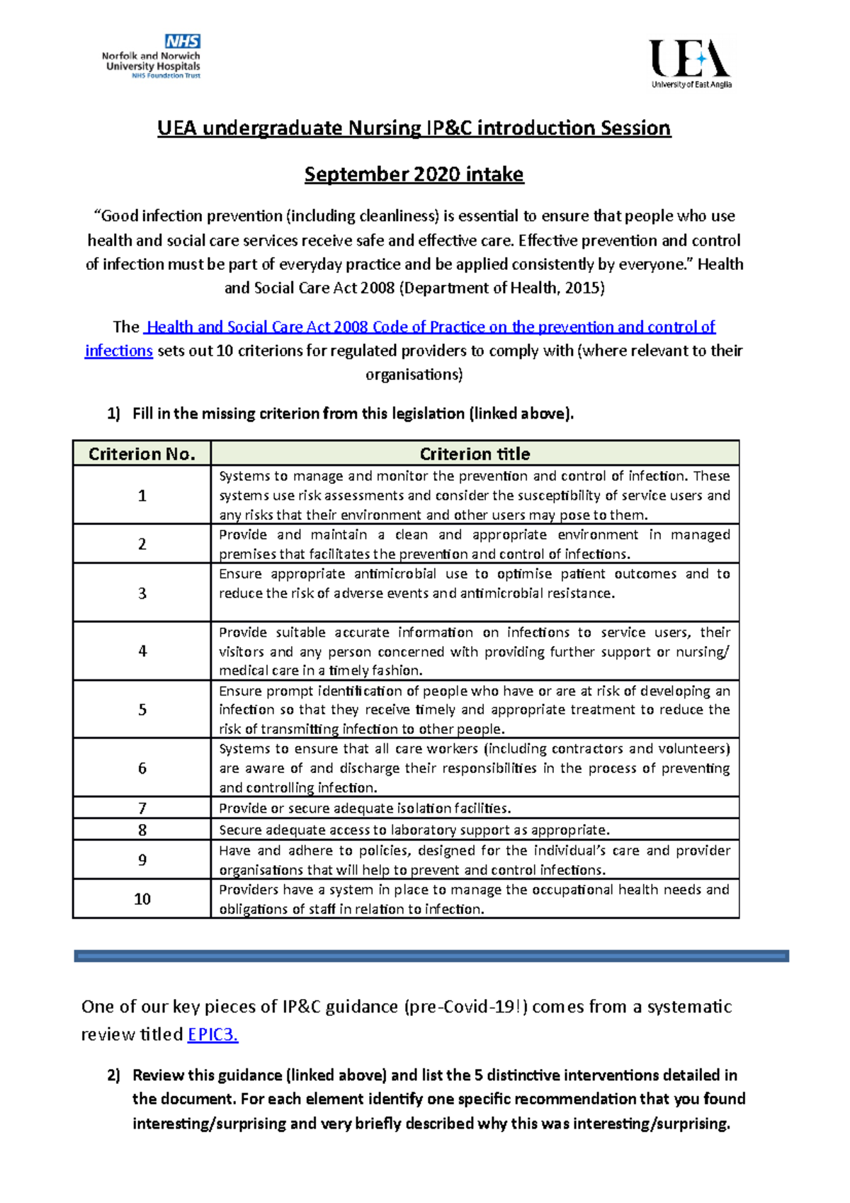 Infection Prevention Worksheet - UEA undergraduate Nursing IP&C ...