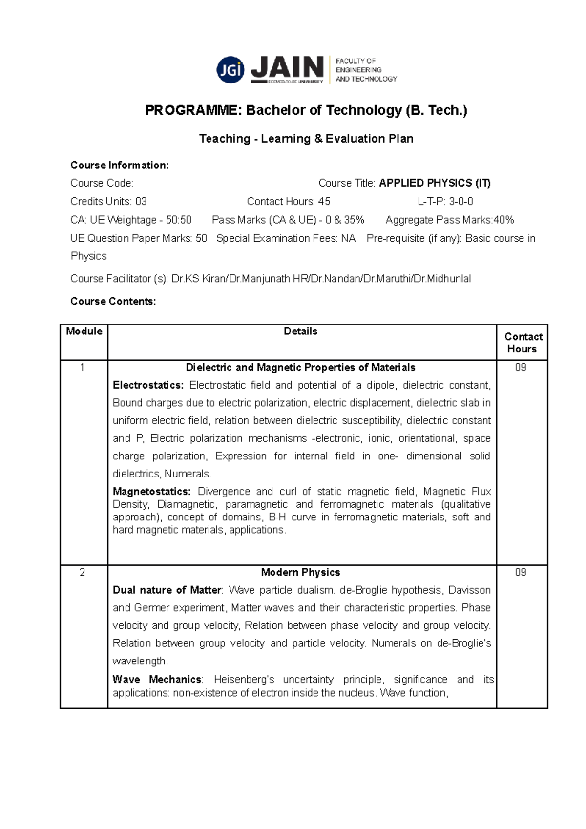 Syllabus Final Physics IT - PROGRAMME: Bachelor of Technology (B. Tech ...
