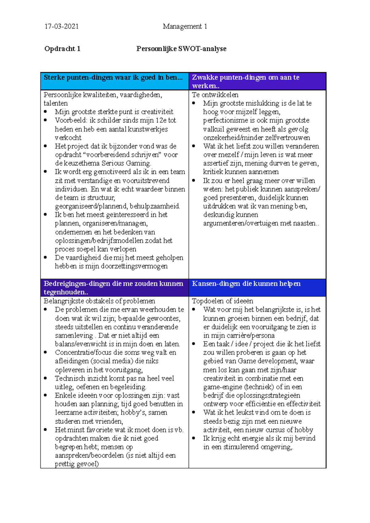 SK Swot-analyse - Dit is een zelf reflectie verslag voor een workshop ...