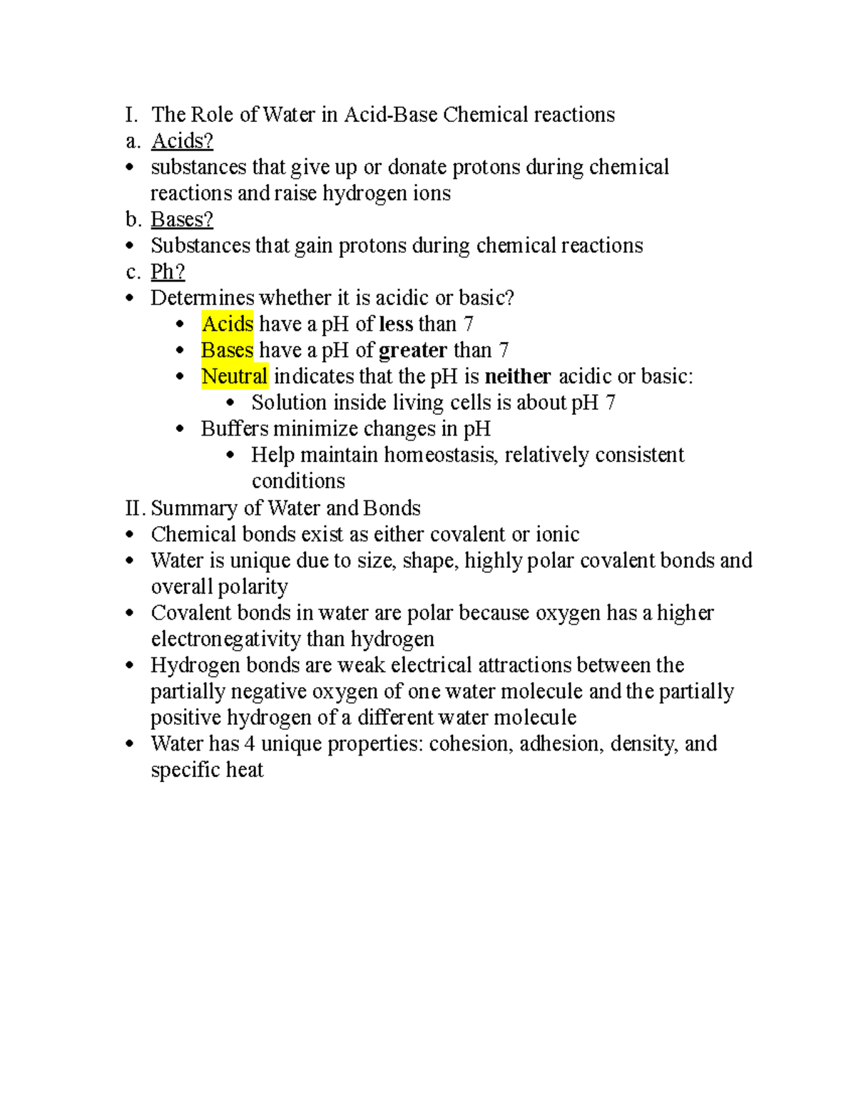 Chapter 1 pt3 - I. The Role of Water in Acid-Base Chemical reactions a ...