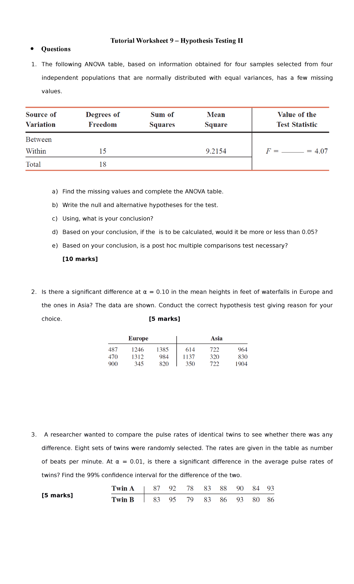 Tutorial Worksheet 9 - Practice questions to prepare for weekly quizzes - Tutorial Worksheet 9 ...
