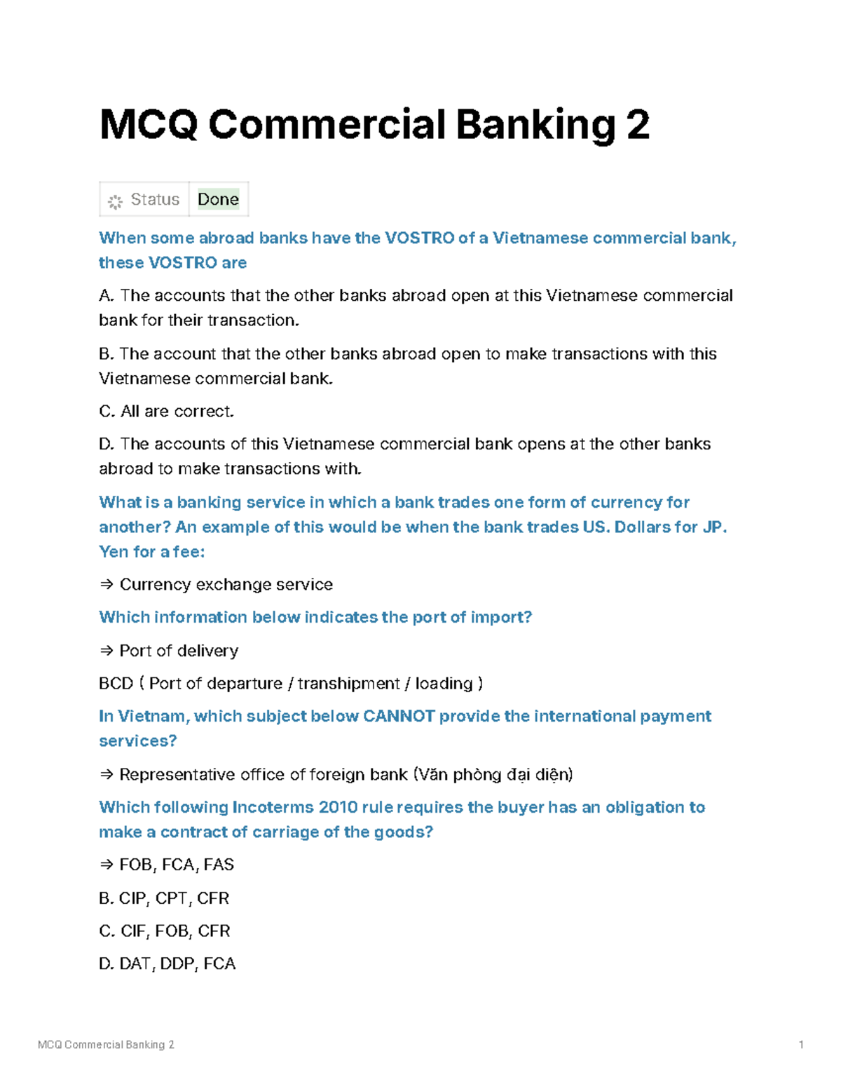 MCQ Midterm Commercial Banking 2 - MCQ Commercial Banking 2 Status Done ...