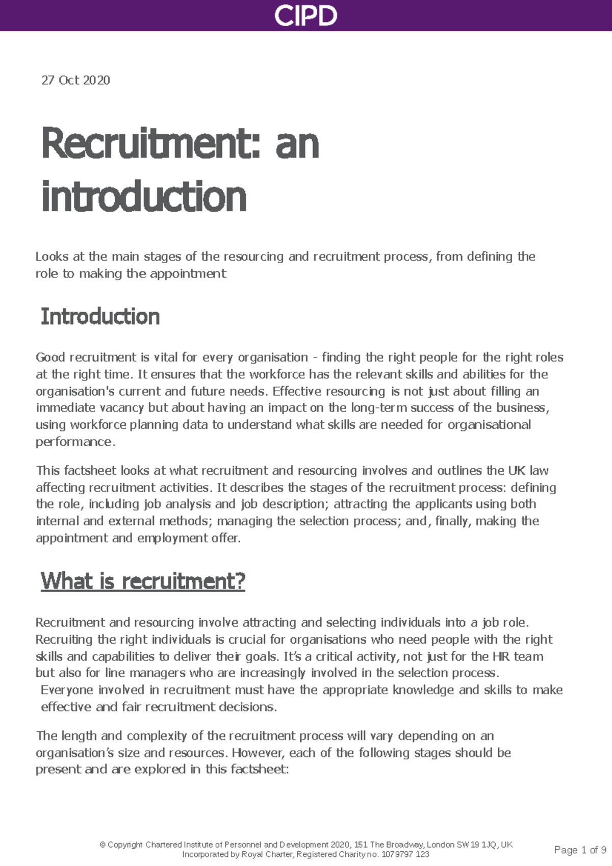 004 CIPD Recruitment and Induction factsheet - © Copyright Chartered ...