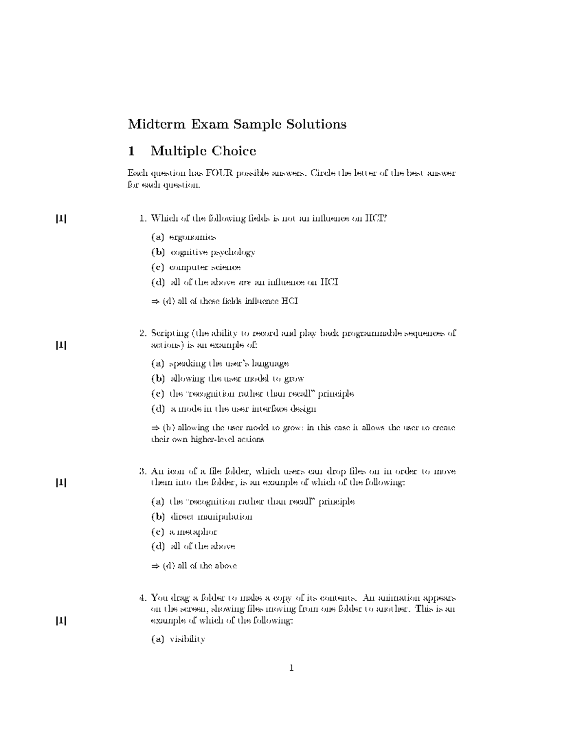 Required HCI 2019 exam - kmlkm - Midterm Exam Sample Solutions 1 Multiple Choice Each question ...