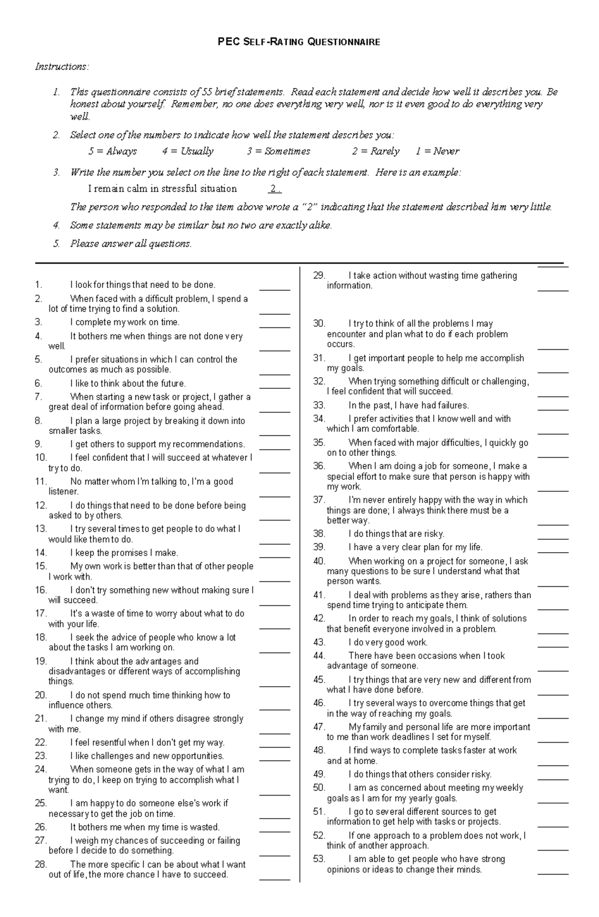 PECS Self rating Questinnaire - PEC SELF-RATING QUESTIONNAIRE ...