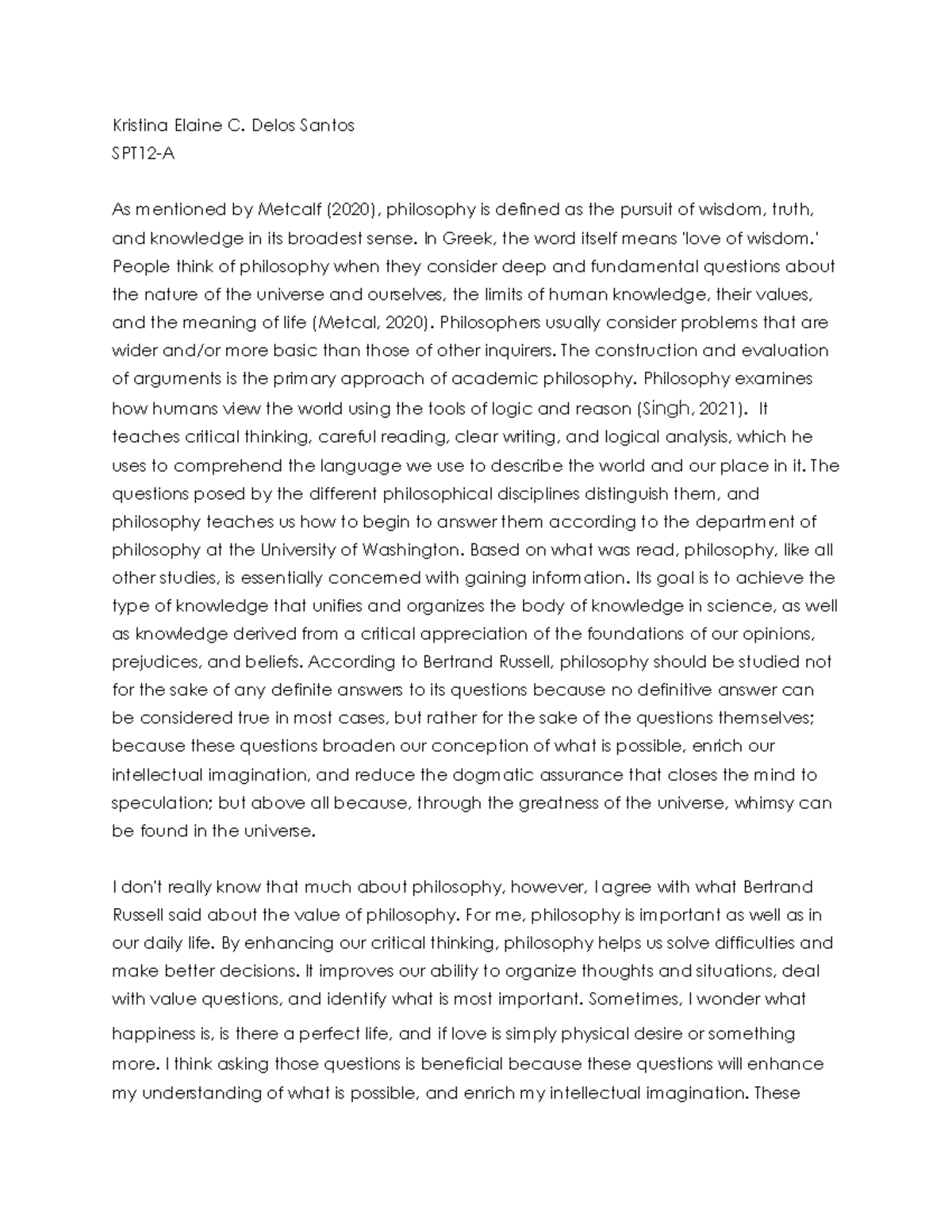 Philosophy Synthesis essay - Kristina Elaine C. Delos Santos SPT12-A As ...