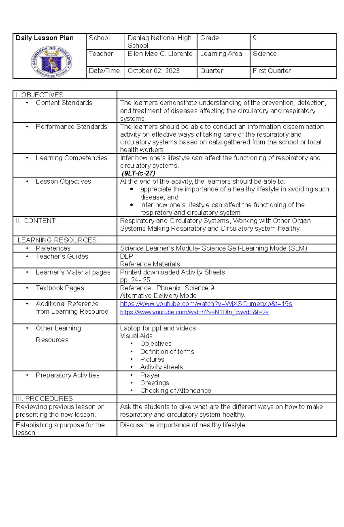 Science 9 DLP - Senior High School - Daily Lesson Plan School Danlag ...
