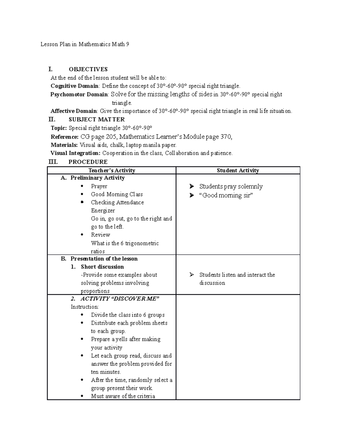 Lesson Plan in 30-60-90 Angle - Lesson Plan in Mathematics Math 9 I ...