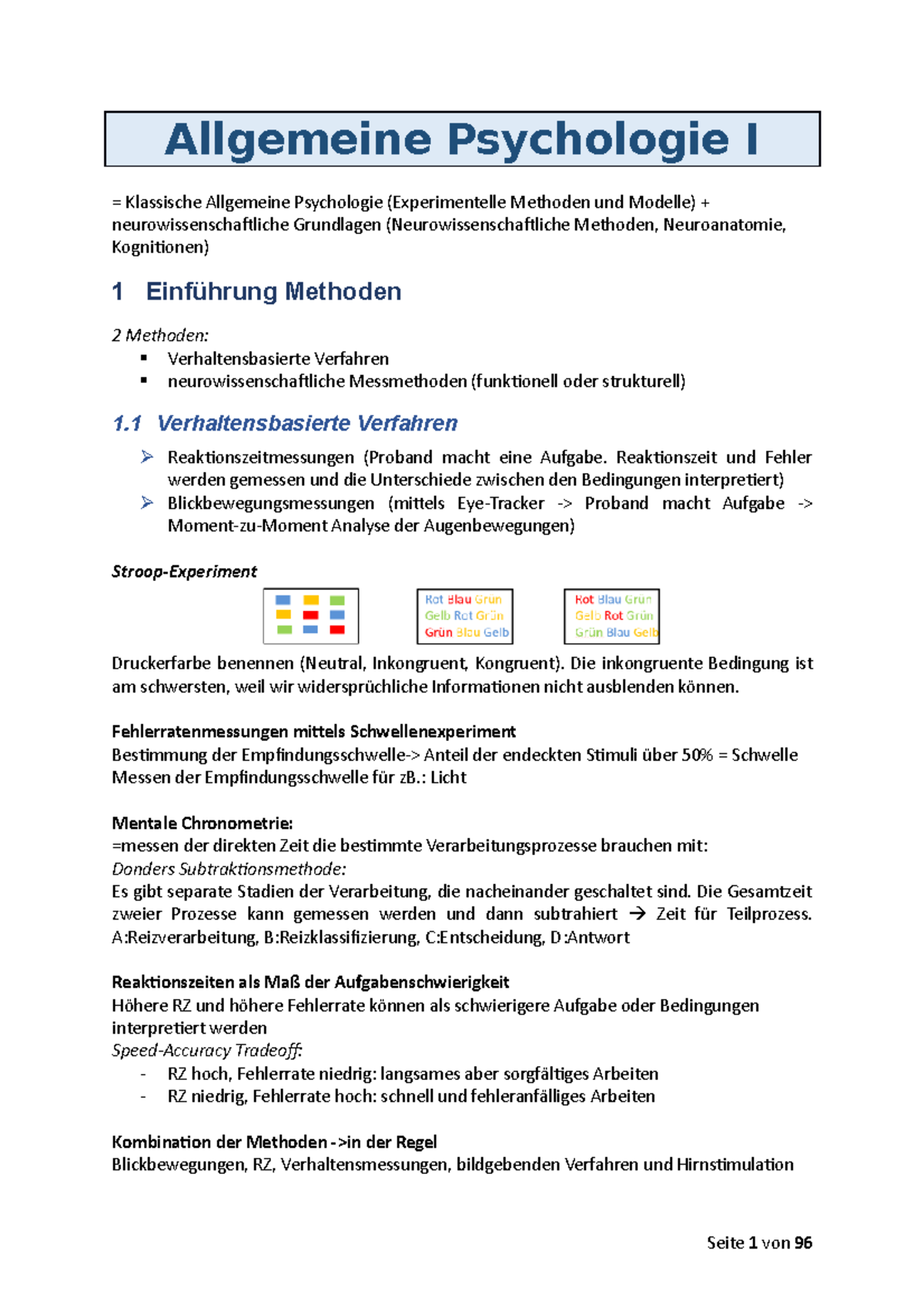 Allgemeine Psychologie ZF - Reaktionszeit und Fehler werden gemessen ...