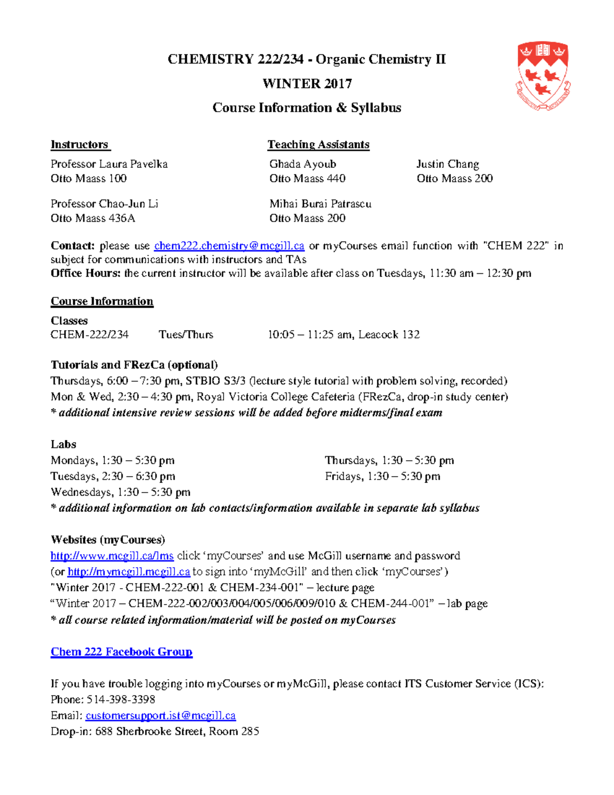 222 Course Information & Syllabus Winter 2017 - Chem 222 - McGill - Studocu