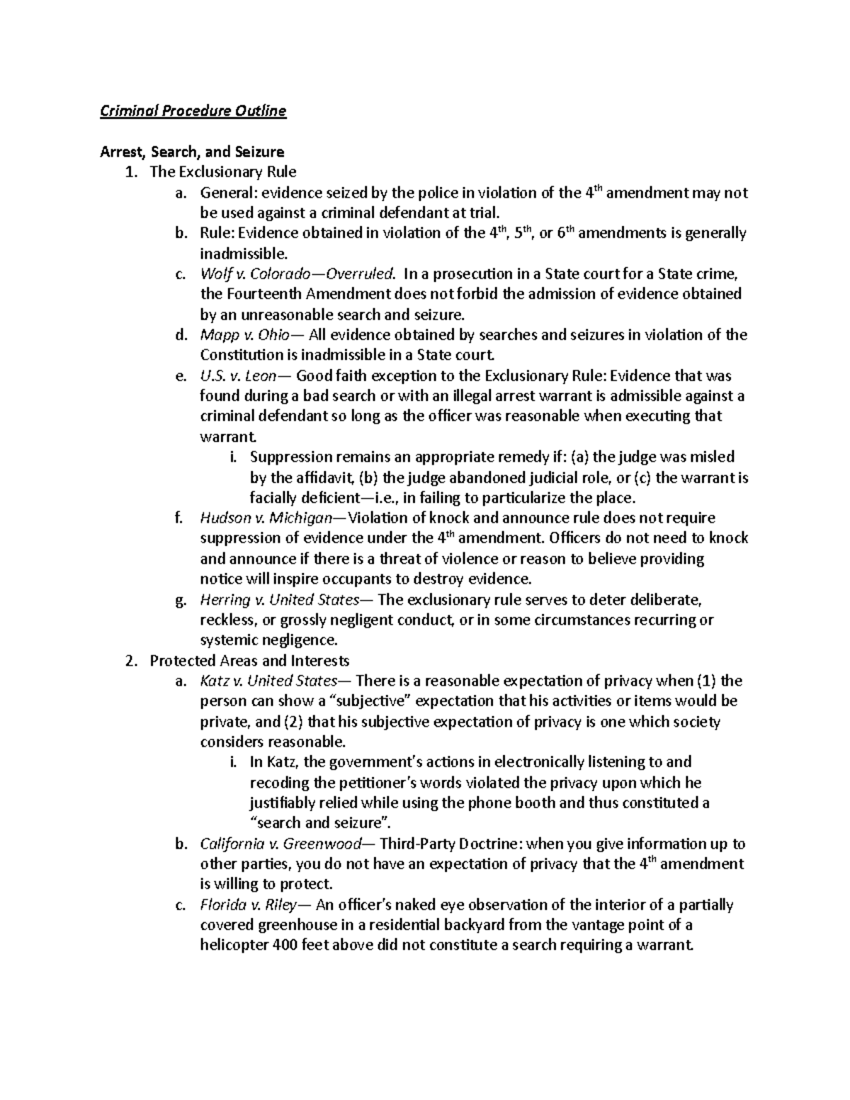 Criminal Procedure Outline - Criminal Procedure Outline Arrest, Search ...