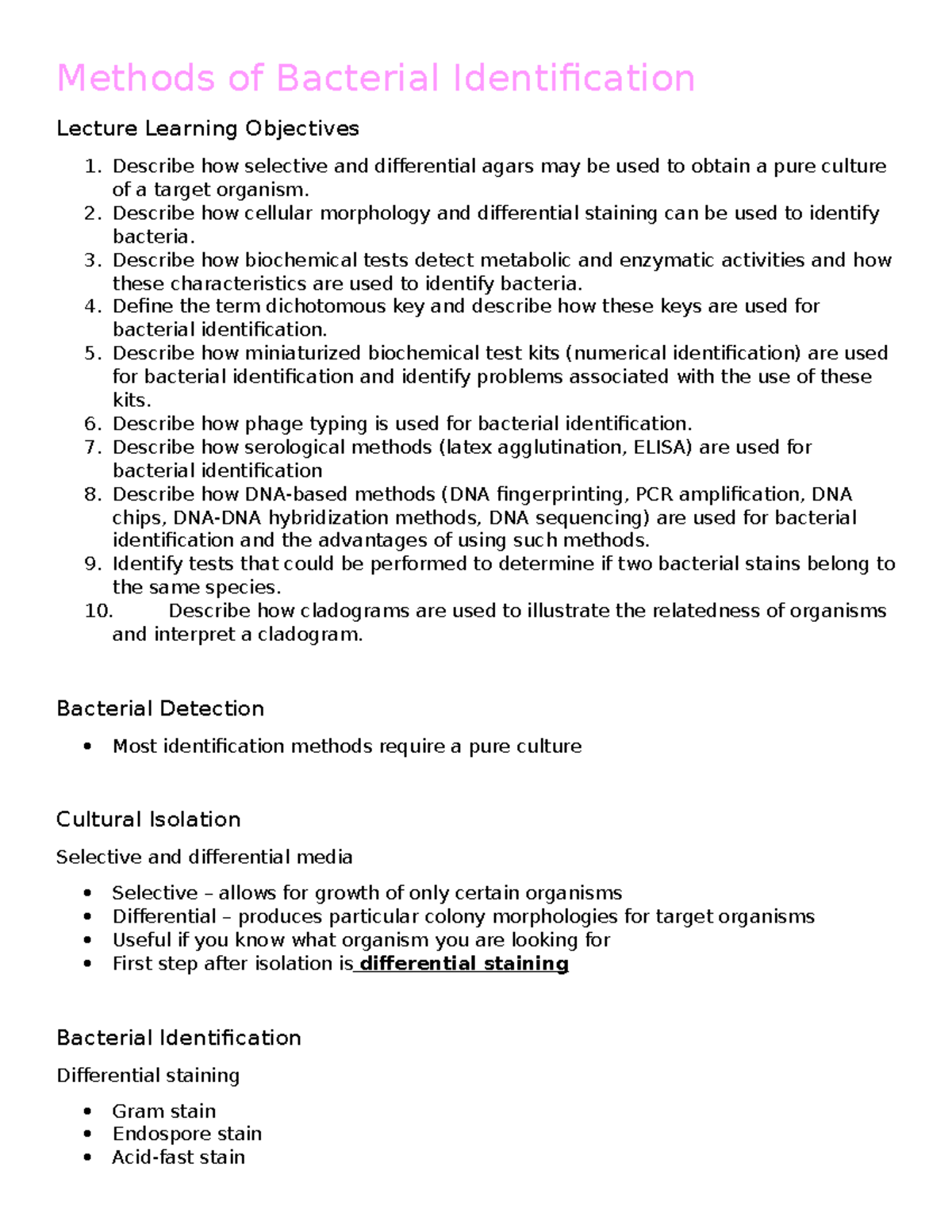 Micro exam 3 notes - Methods of Bacterial Identification Lecture ...
