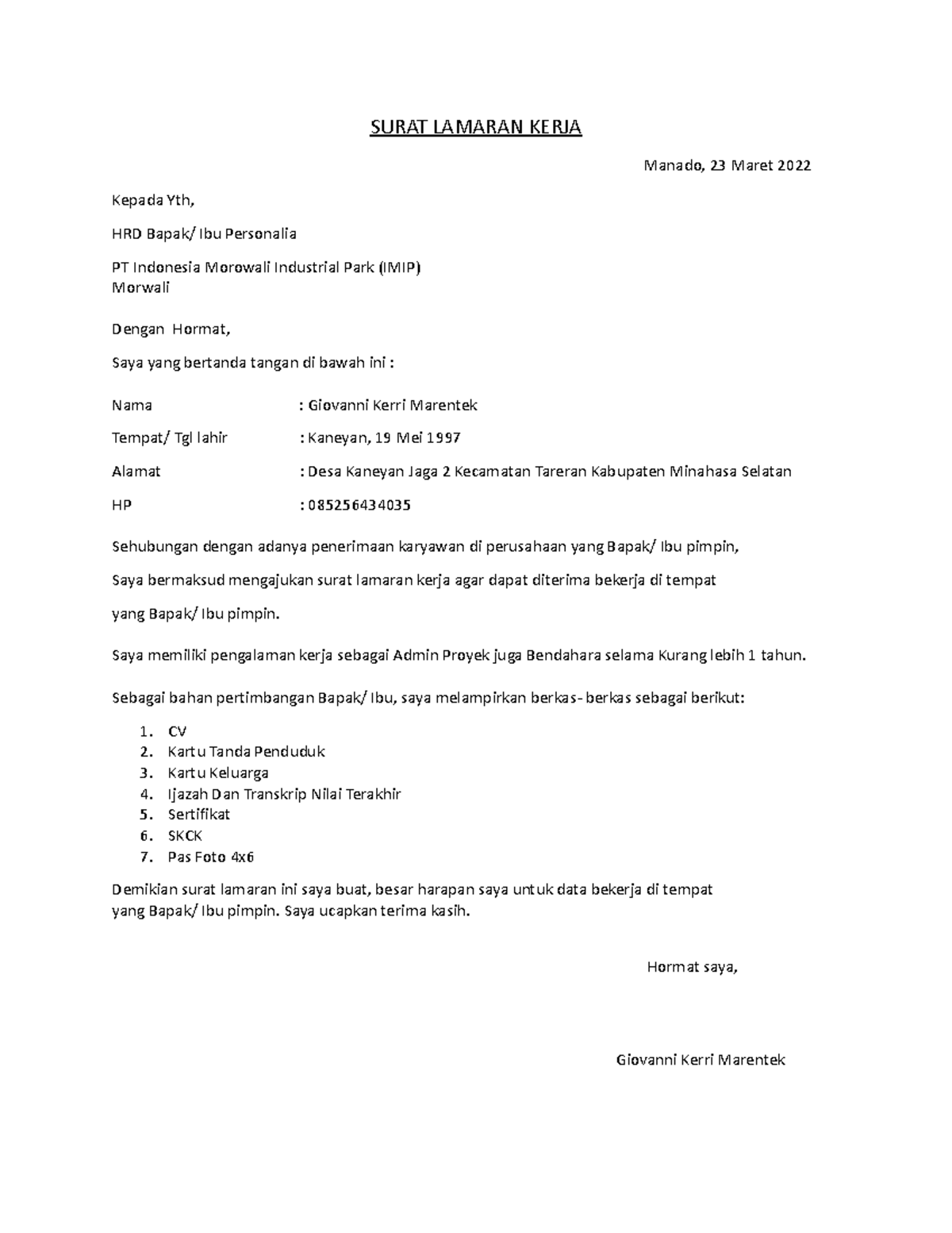 Surat Lamaran Kerja - tn3nt3n3tngen y - SURAT LAMARAN KERJA Manado, 23 ...