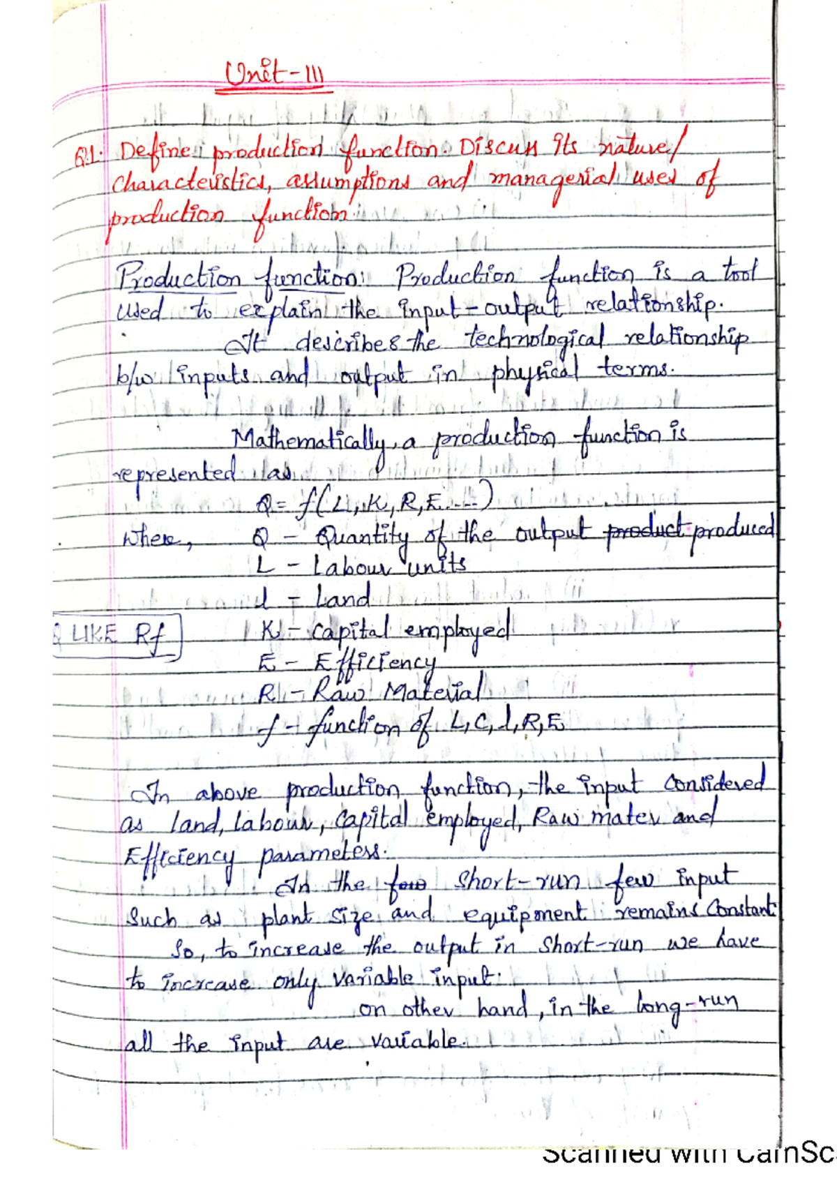 Unit 3 BEFA - Handwritten notes of befa - Q1. Define production ...