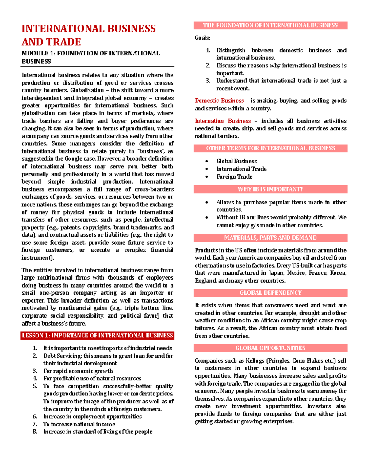 Module 1 International Business AND Trade - INTERNATIONAL BUSINESS AND ...