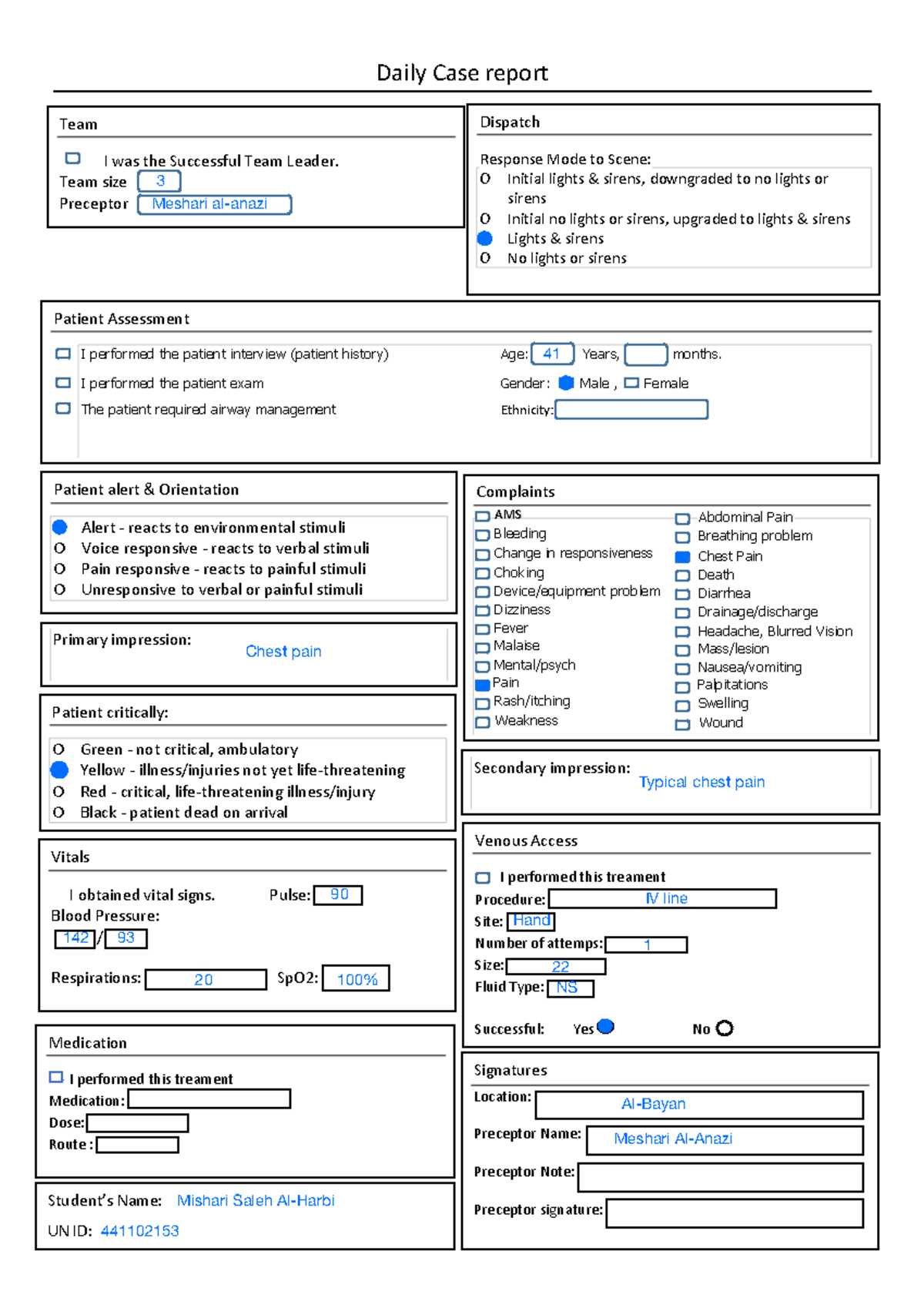 3. Daily Case report for Fisdap Case 3 - Daily Case report Team I was ...