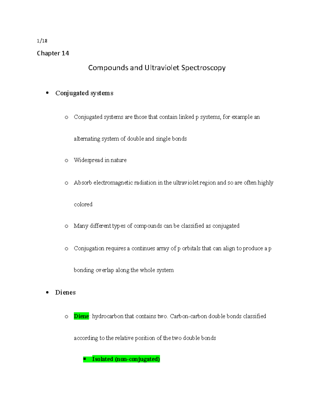 Orgo 2 Notes Chapter 14 - 1/ Chapter 14 Compounds and Ultraviolet ...