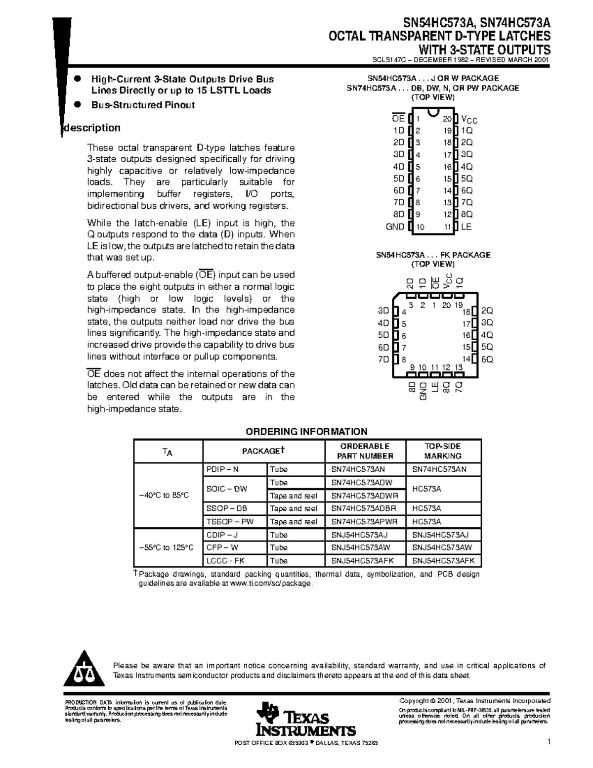 SN74HC573 - tu6c6du - OCTAL TRANSPARENT D-TYPE LATCHES WITH 3-STATE ...