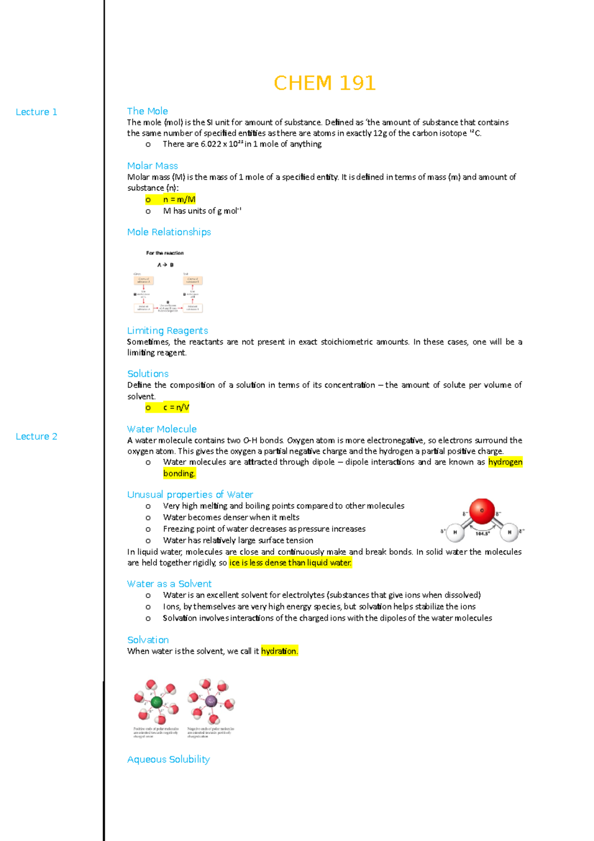 CHEM Notes - CHEM 191 The Mole The mole (mol) is the SI unit for amount ...